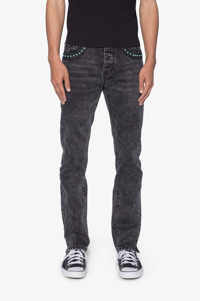 D701 Studded Turquoise Denim - Black | mnml | shop now