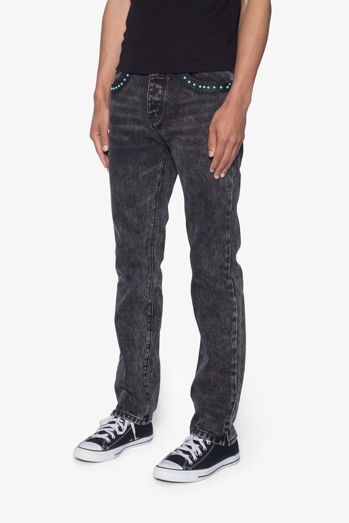 D701 Studded Turquoise Denim - Black | mnml | shop now