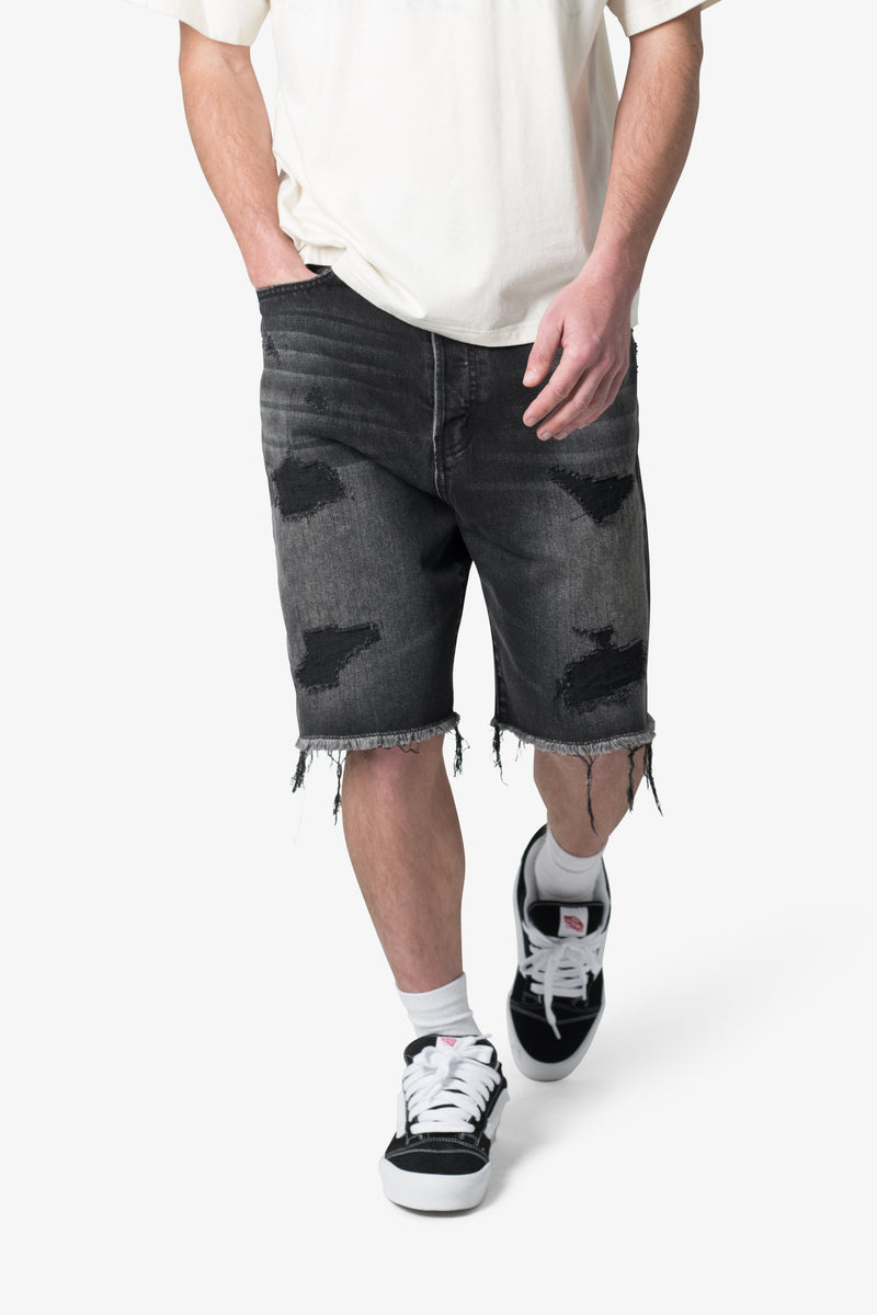 Baggy Rip Denim Shorts - Washed Black | mnml | shop now