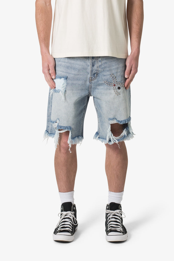 Distressed Spider Denim Shorts - Light Blue | mnml | shop now