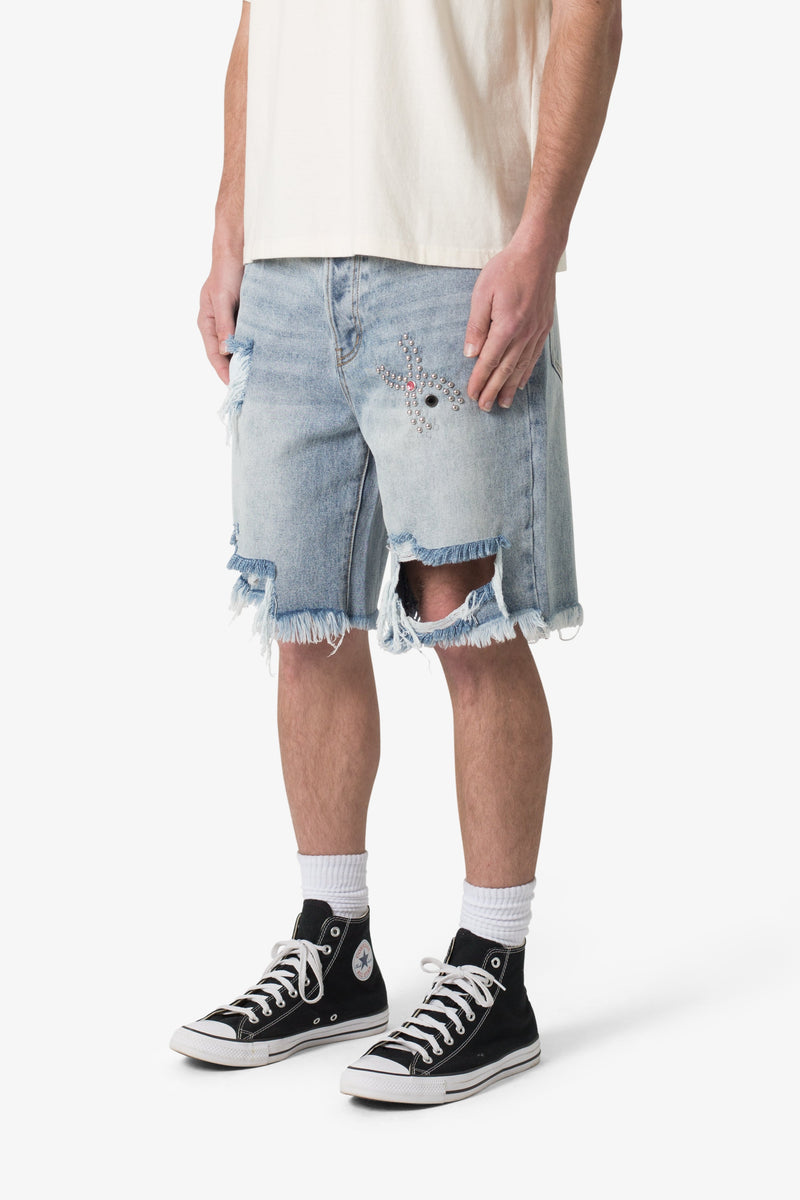 Distressed Spider Denim Shorts - Light Blue | mnml | shop now