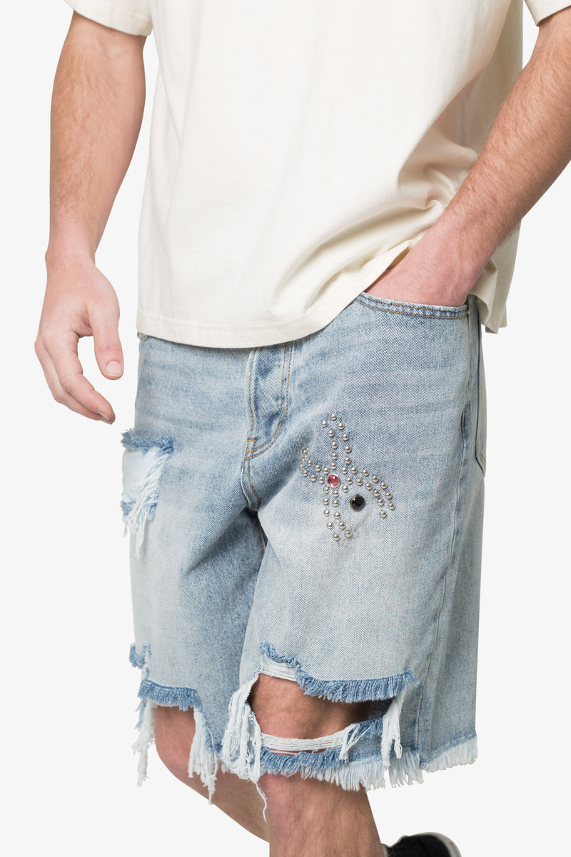 Distressed Spider Denim Shorts - Light Blue | mnml | shop now