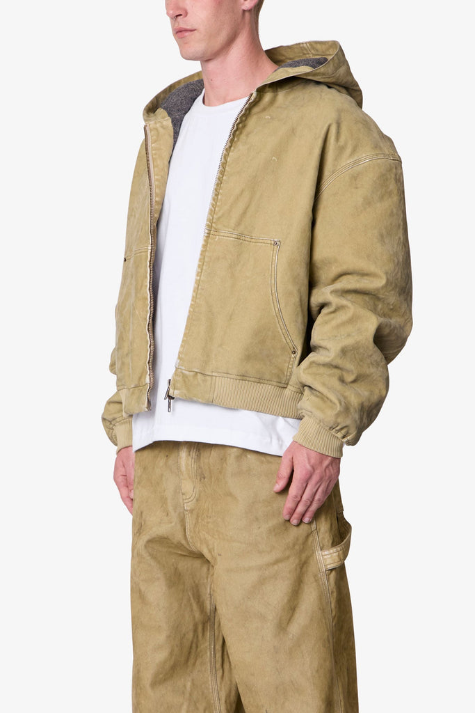 Flocked Hooded Zip Up Work Jacket - Tan | mnml