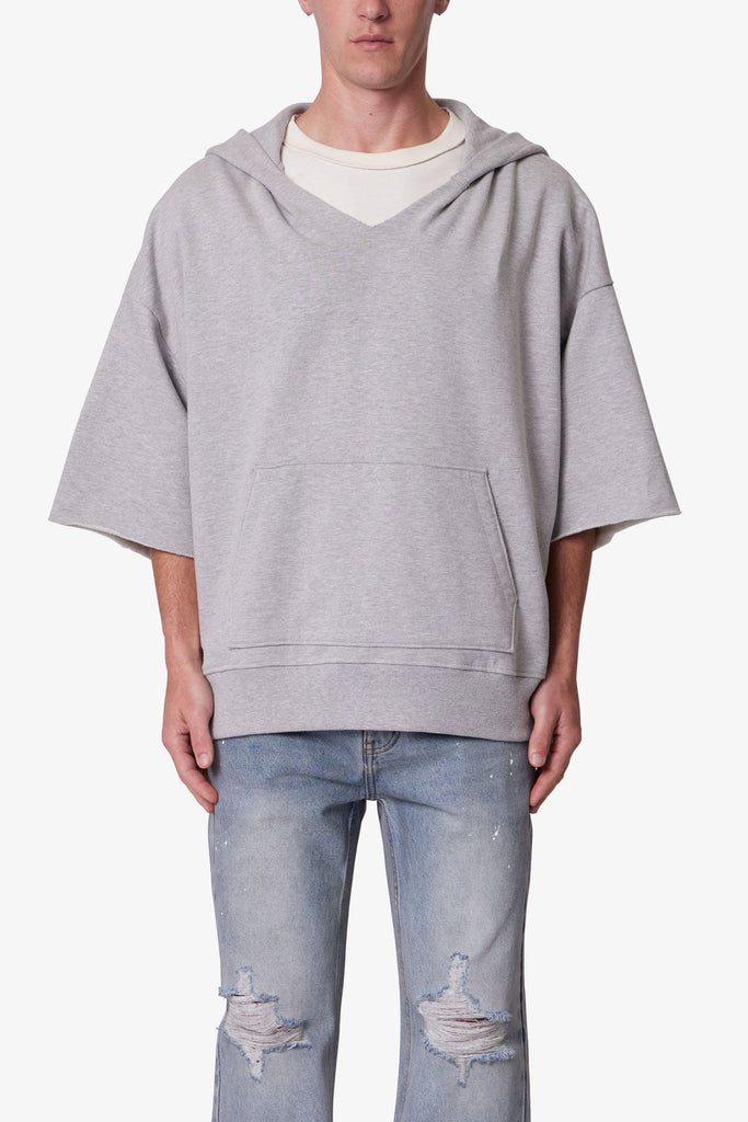 Hooded 3/4 Sleeve Rag Sweater - Grey | mnml | shop now