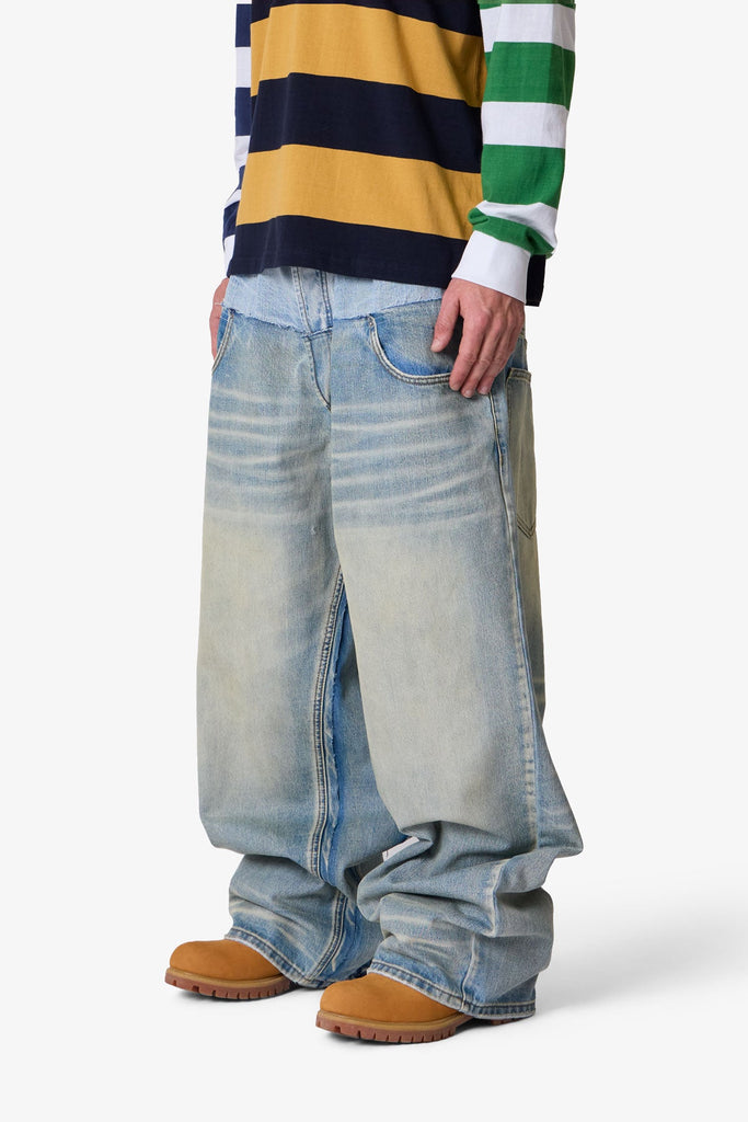 Mega Baggy Layered Denim - Medium Blue | mnml